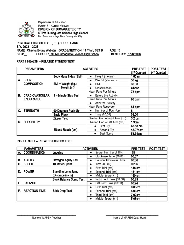 Physical Fitness Test Score Card | PDF | Body Mass Index | Heart Rate