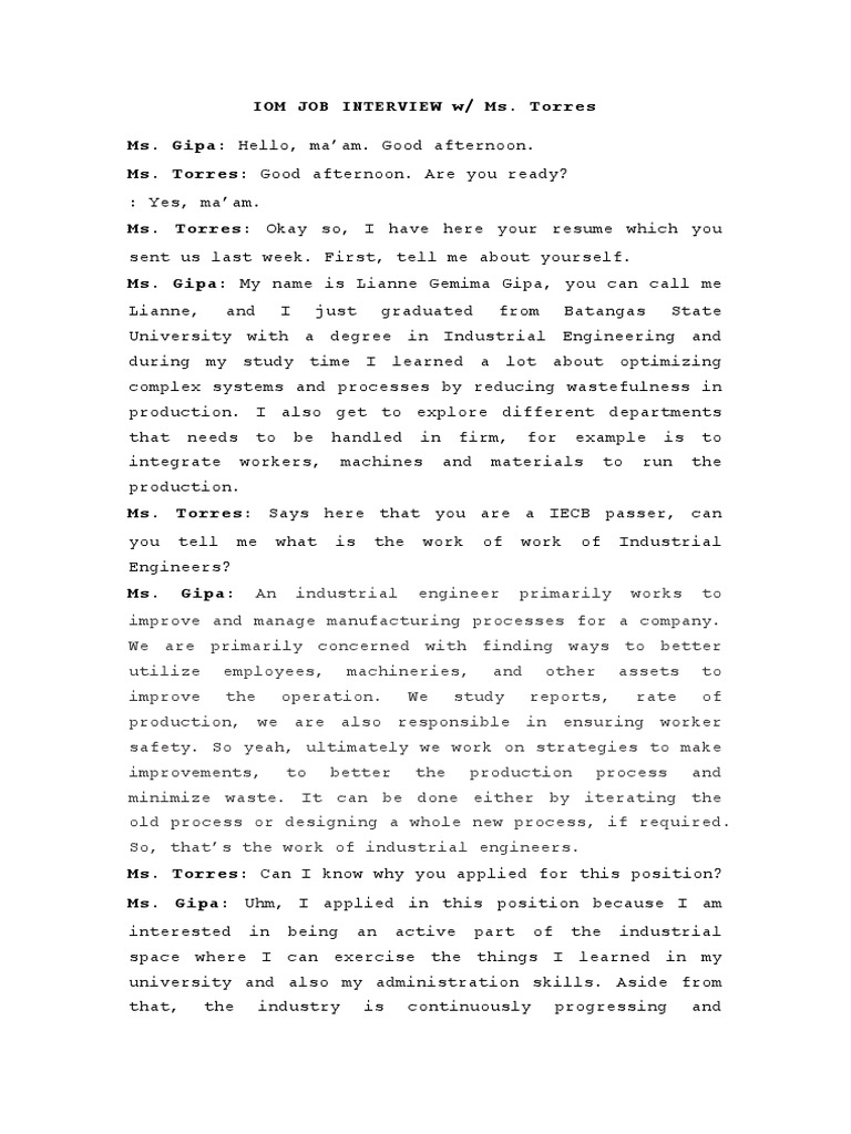 Job Interview Script | PDF | Industrial Engineering | Cognition