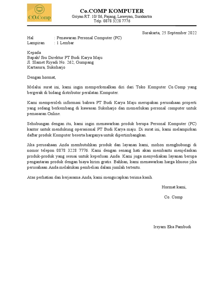 Contoh Surat Penawaran Barang | PDF | Komputer