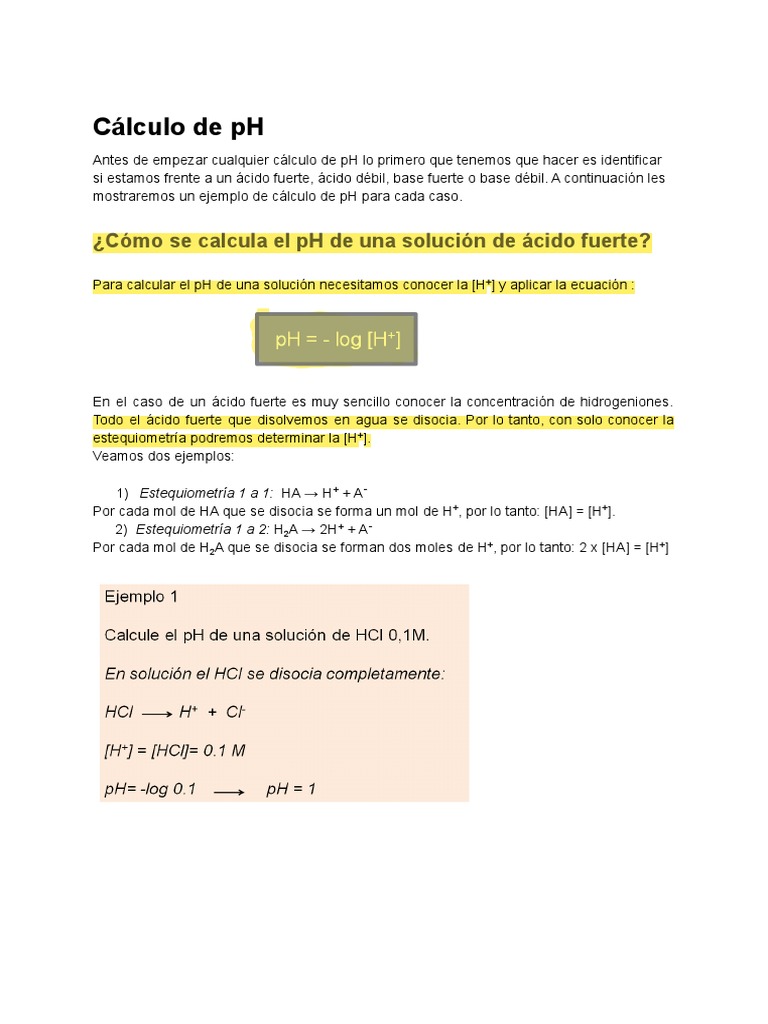 Cálculo del pH: Una guía paso a paso para ácidos, bases y soluciones buffer | PDF | Ph | Ácido