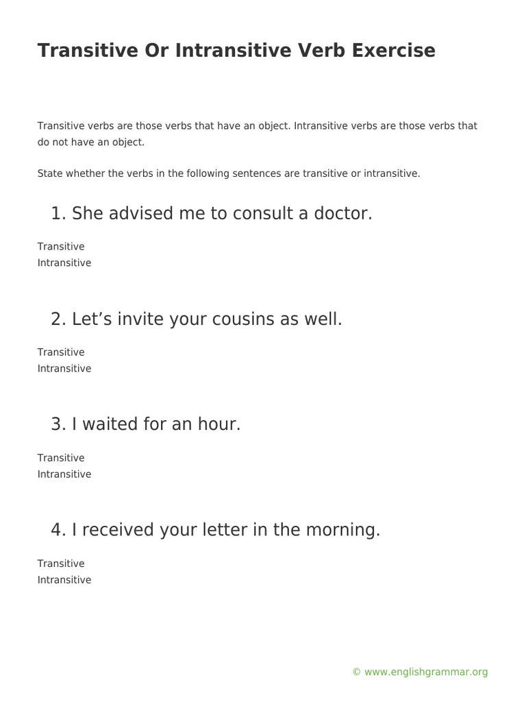 Transitive and Intransitive Verbs Exercise | PDF