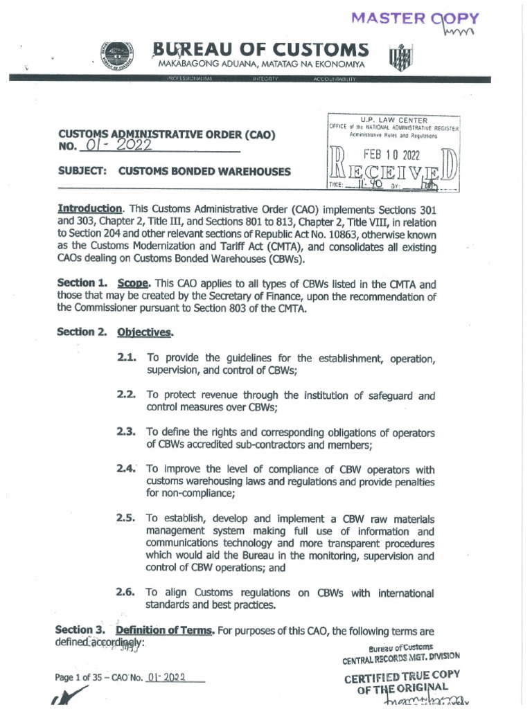 CAO 01 2022 Customs Bonded Warehouses | PDF