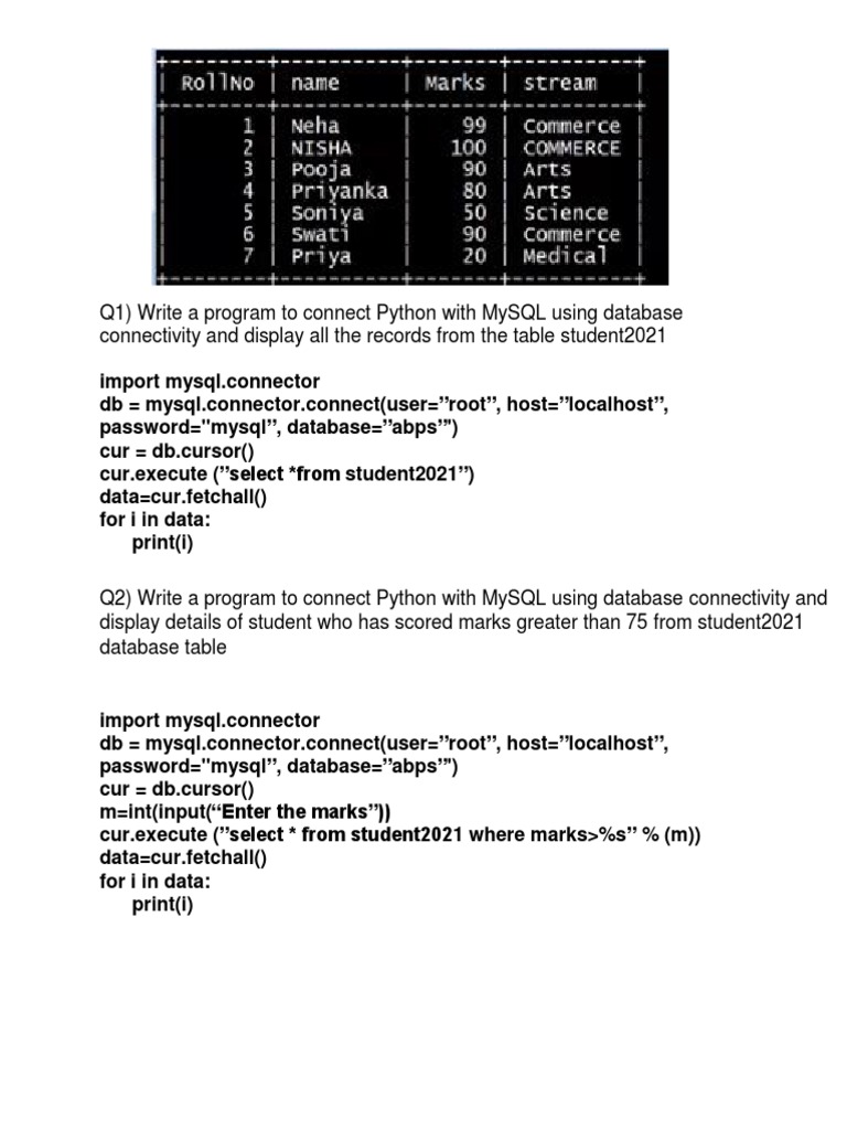 Questions Mysql Using Database Connectivity 2021 Pdf My Sql Databases 