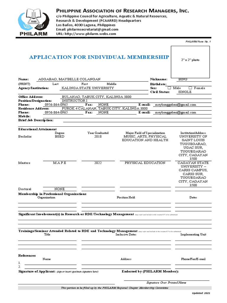 PHILARM Individual Membership Application | PDF