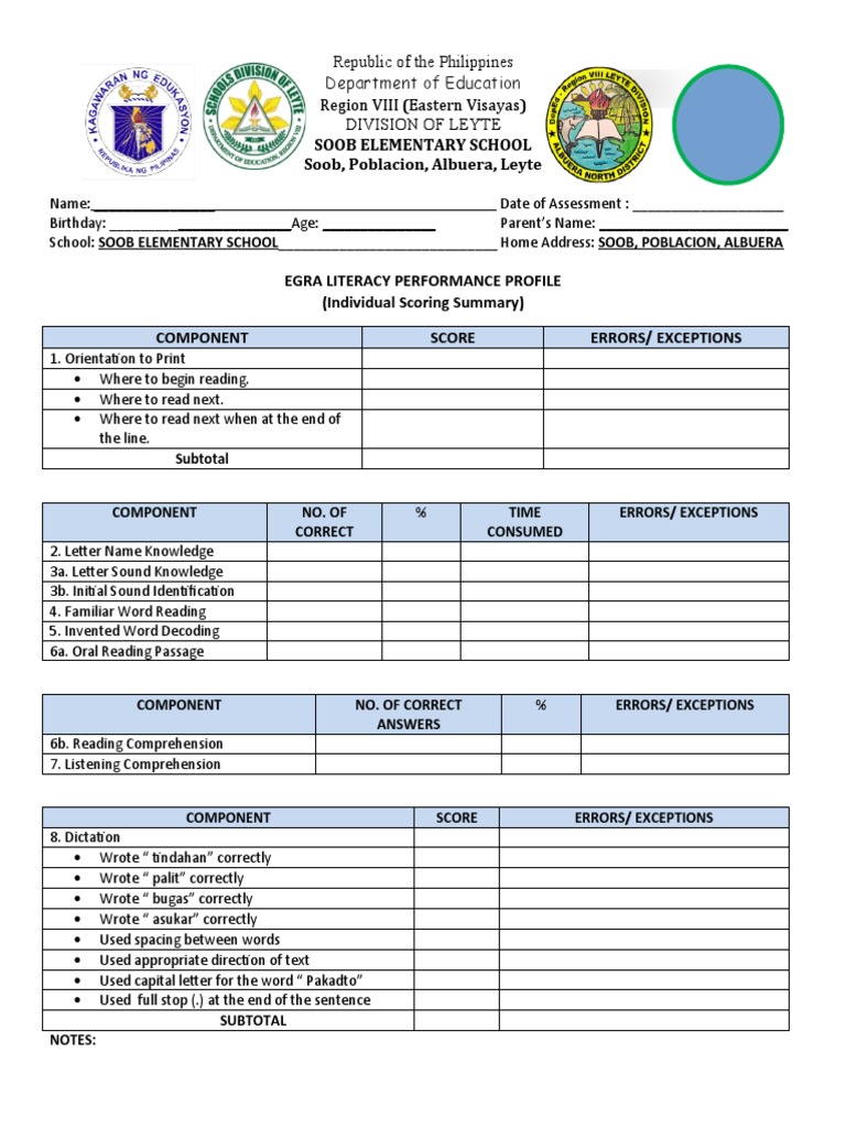 Egra Individual Scoring Summary | PDF | Literacy | Reading Comprehension