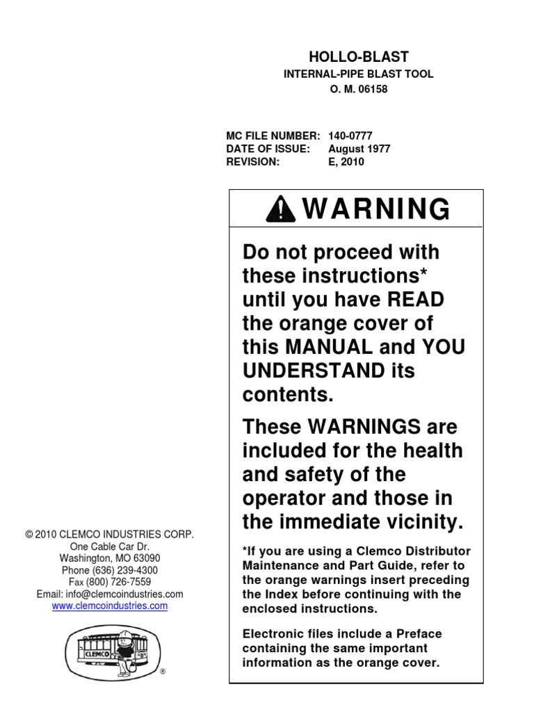 Clemco Hollo Blast Internal Pipe Blast Tool Operator Manual 06158 | PDF ...