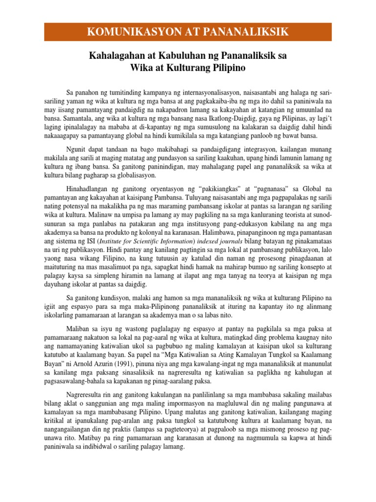 Kahalagahan at Kabuluhan NG Pananaliksik Sa Wika at Kulturang Pilipino ...