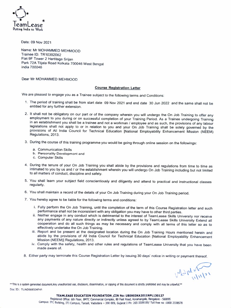 Course Registration Letter | PDF | Vocational Education | Indemnity