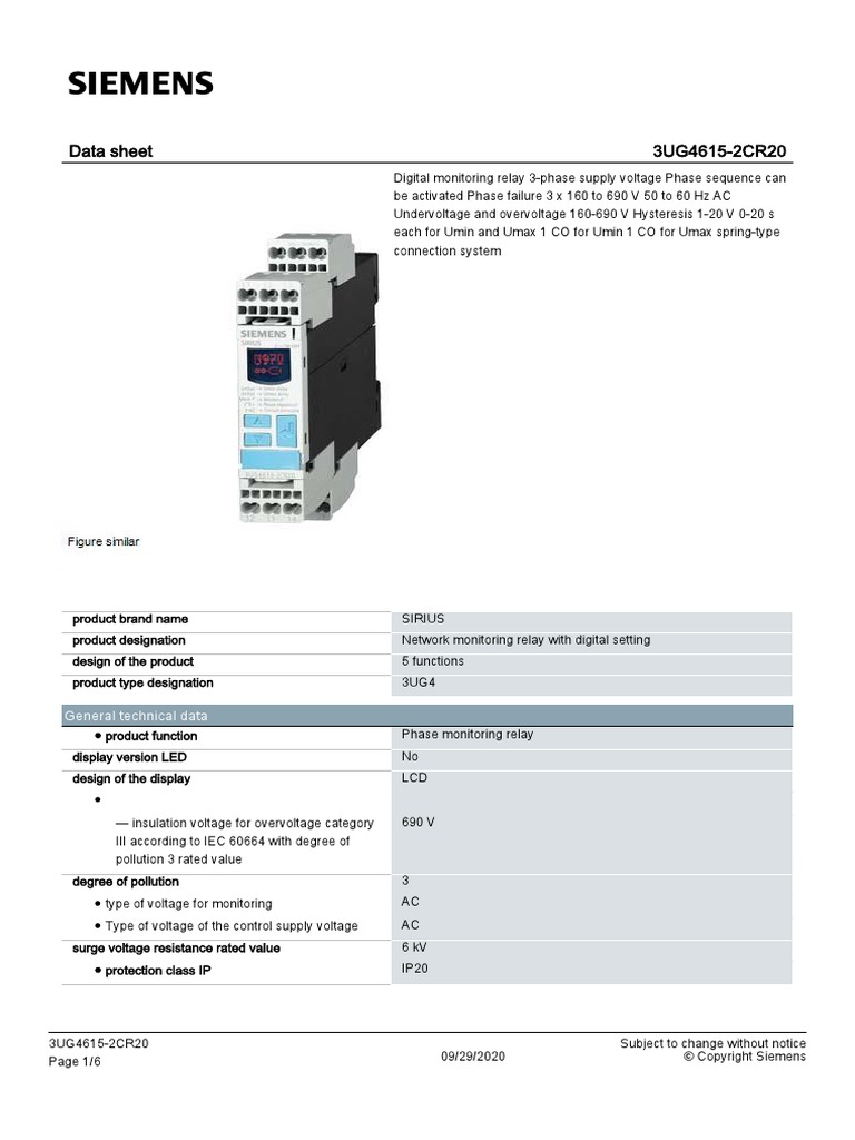 Data Sheet 3UG4615-2CR20 | PDF | Relay | Alternating Current
