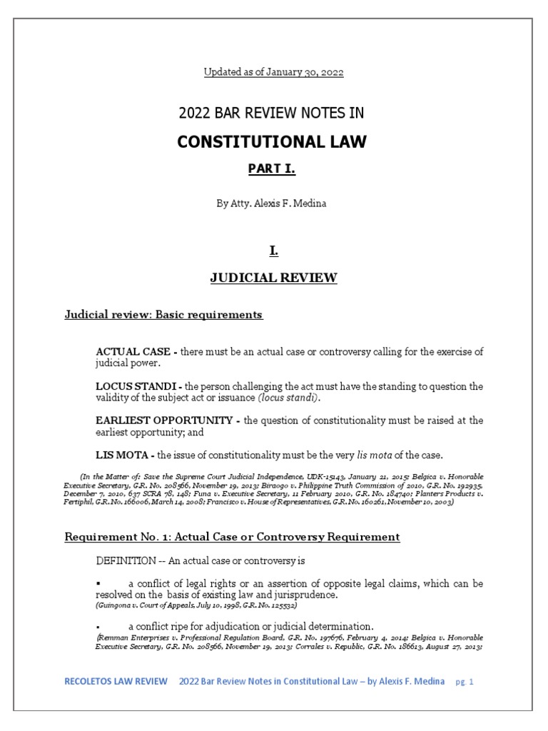 Bar 2022 - Constitutional Law Part I - by Alexis F. Medina - SSCR Law | PDF | Standing (Law ...