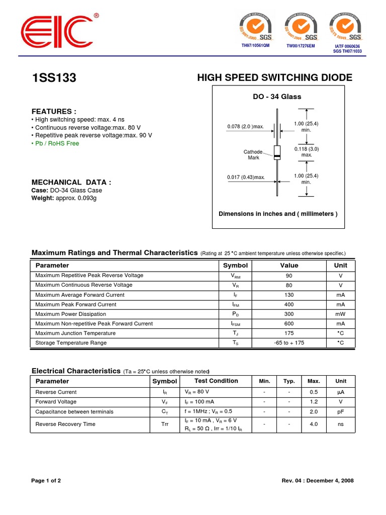 1SS133 | PDF | Diode | Electromagnetism