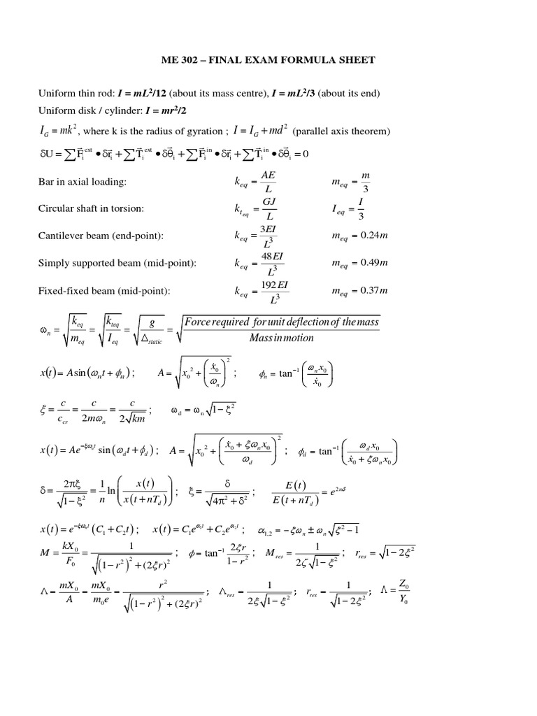 ME302 - Final Exam Formula Sheet | PDF | Beam (Structure) | Classical ...