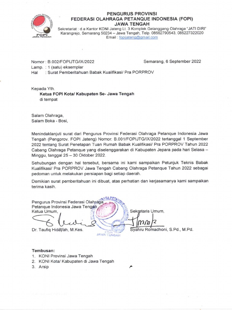 Surat Pelaksanaan Pra PORPROV Dan Lampiran | PDF