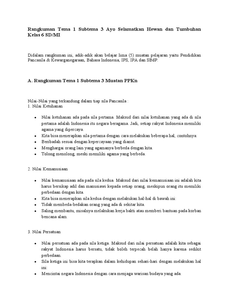 Rangkuman Tema 1 Subtema 3 Ayo Selamatkan Hewan Dan Tumbuhan Kelas 6 SD | PDF