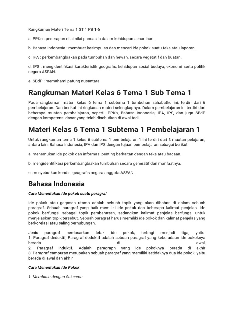 Rangkuman Materi Tema 1 ST 1 PB 1-6 | PDF