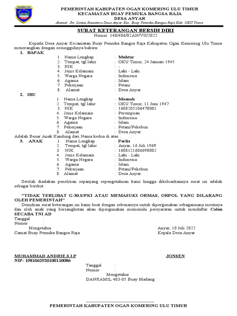 Surat-Keterangan-Bersih-Diri BAPAK SUMAR Dan Orang Tua | PDF