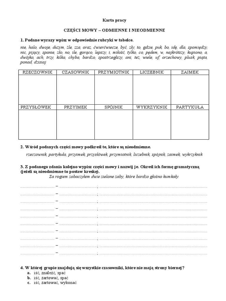 Karta Pracy Częsci Mowy Powtórzenie Kl.8 | PDF