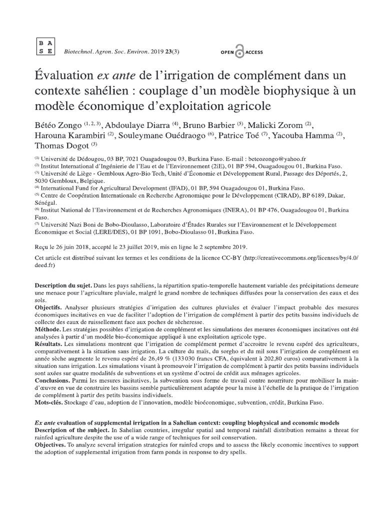 2019 Zongo Modélisation Bioéconomique | PDF