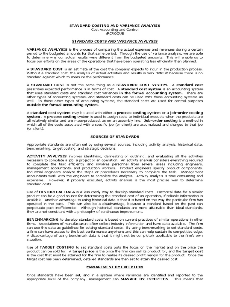 Standard Costing And Variance Analysis Pdf Variance Benchmarking