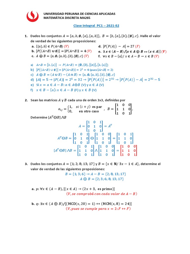 Clase Integral PC1 MA265 - 2021-2 (Solucionario) | PDF | Matriz (Matemáticas) | Matemáticas