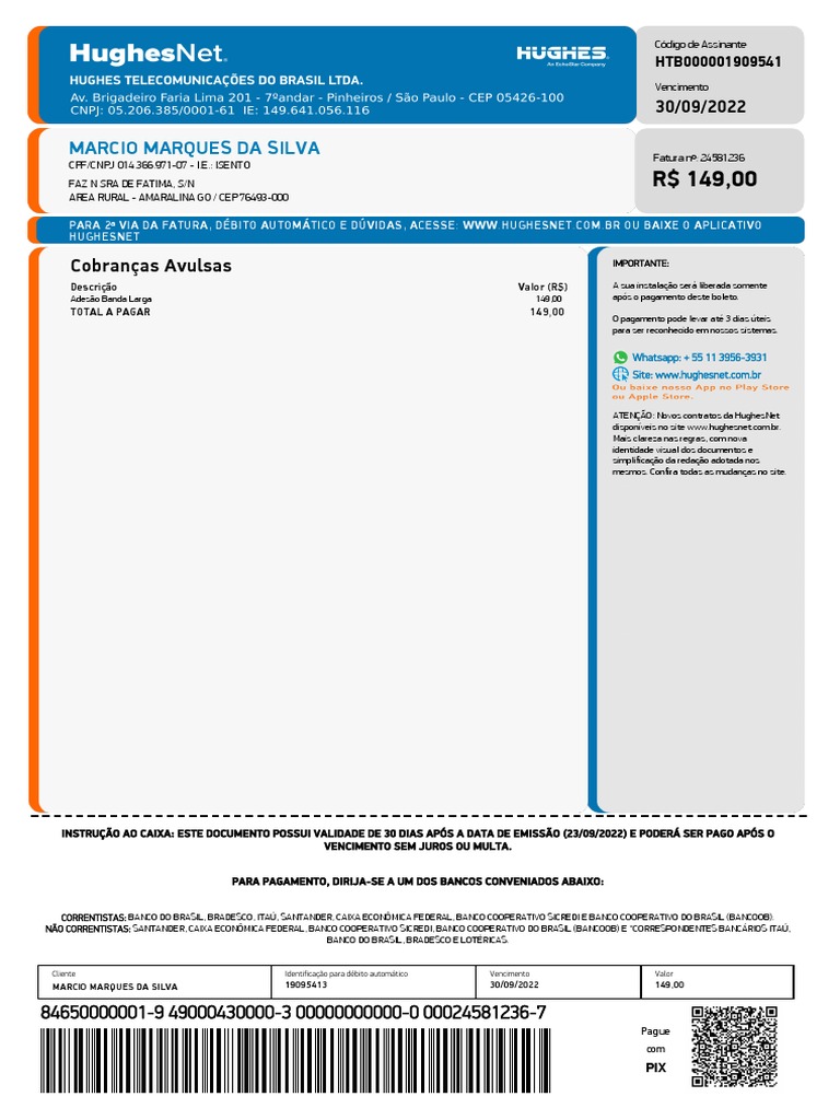 Fatura HughesNet banda larga | PDF | Bancos | Serviços financeiros