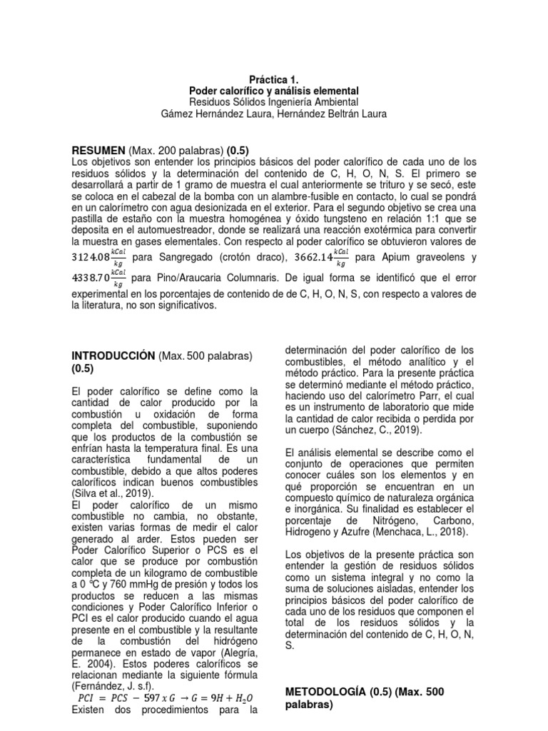 Informe 1. Poder Calorifico y Análisis Elemental | PDF | Combustibles | Combustión