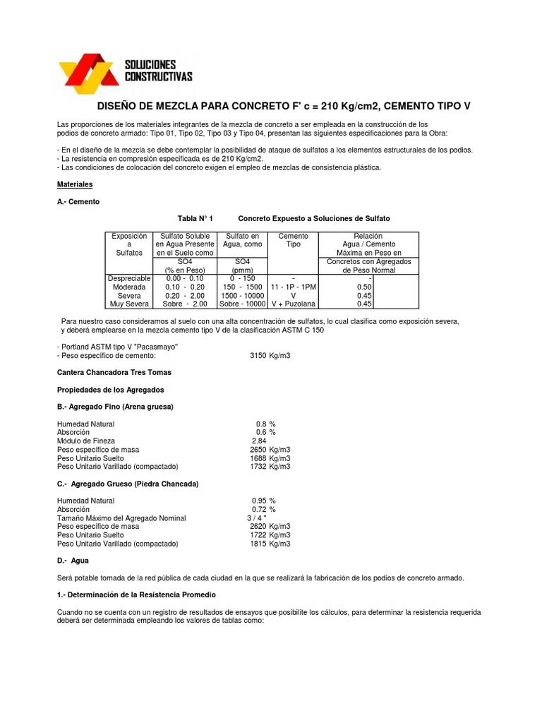 Diseño de Mezcla - 210 - Cemento Tipo V | PDF | Hormigón | Cemento