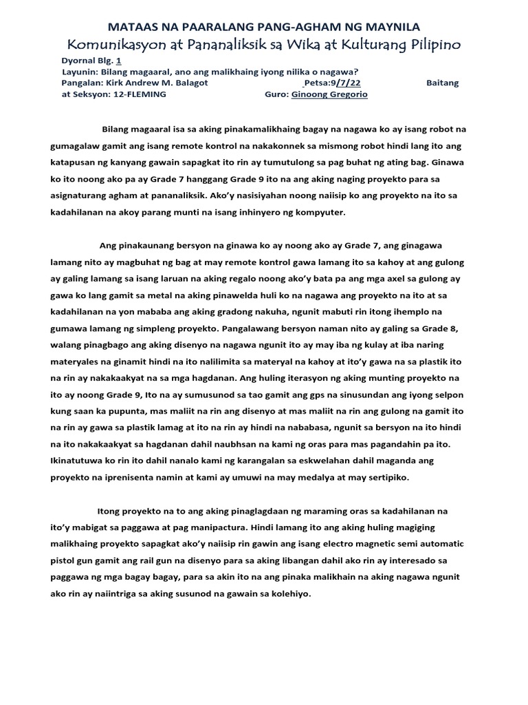 B1-Dyornal Blg.1 (Kirk Andrew M. Balagot) | PDF