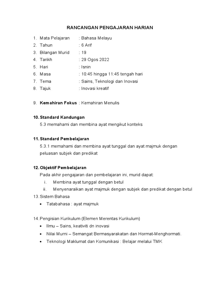 RPH BM TAHUN 6 Minggu 4 | PDF