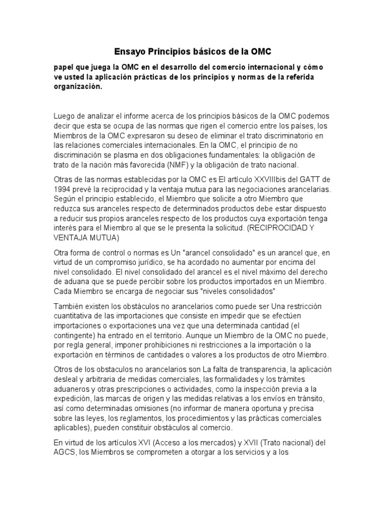 Ensayo Principios Básicos de La OMC | PDF | Organización de Comercio ...