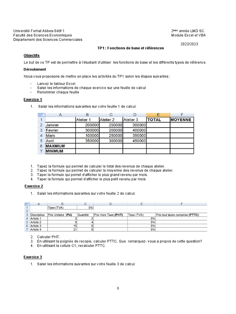 TP Excel : Fonctions et Références | PDF | Microsoft Excel | Feuille de ...