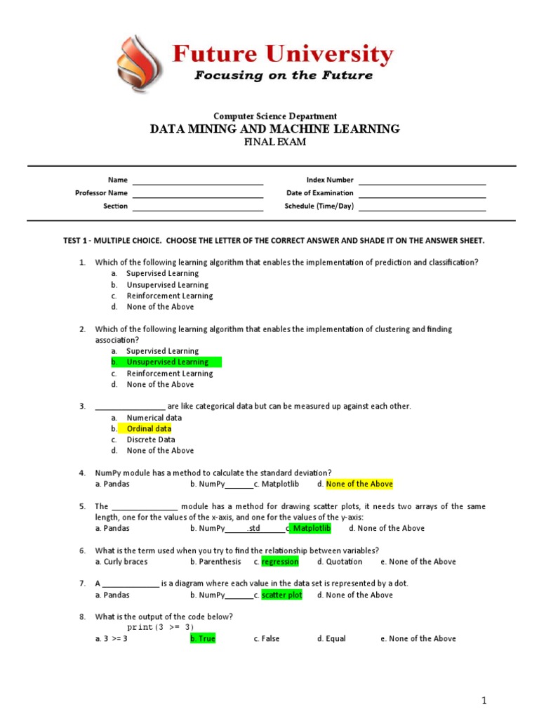 Final Exam Data Mining and Machine Learning | PDF | Control Flow ...