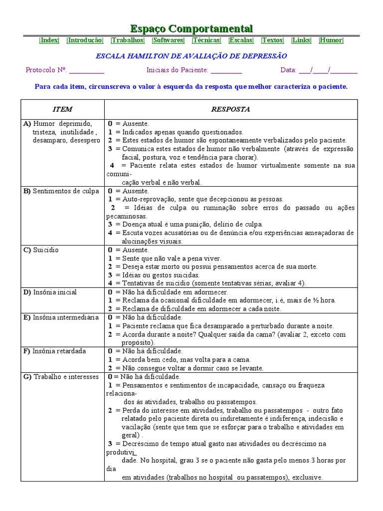 Escala Hamilton de Avaliação de Depressão | PDF | Depressão | Medicina ...