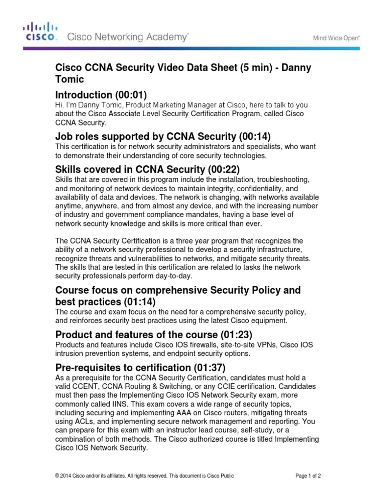 Cisco CCNA Security Video Data Sheet | PDF | Cisco Certifications | Computing
