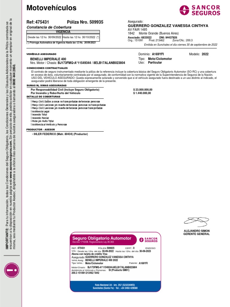 Seguro para Moto Benelli 2022 | PDF | Póliza de seguros | Seguro