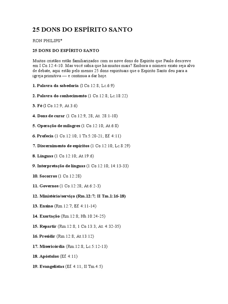 25 Dons Do Espírito Santo | PDF | Presente espiritual | Primeira Epístola aos Coríntios