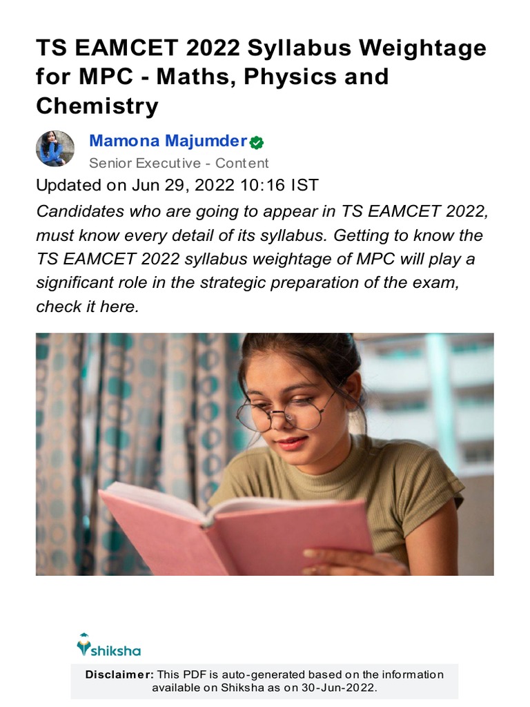 TS EAMCET 2022 Syllabus Weightage For MPC - Maths, Physics and ...
