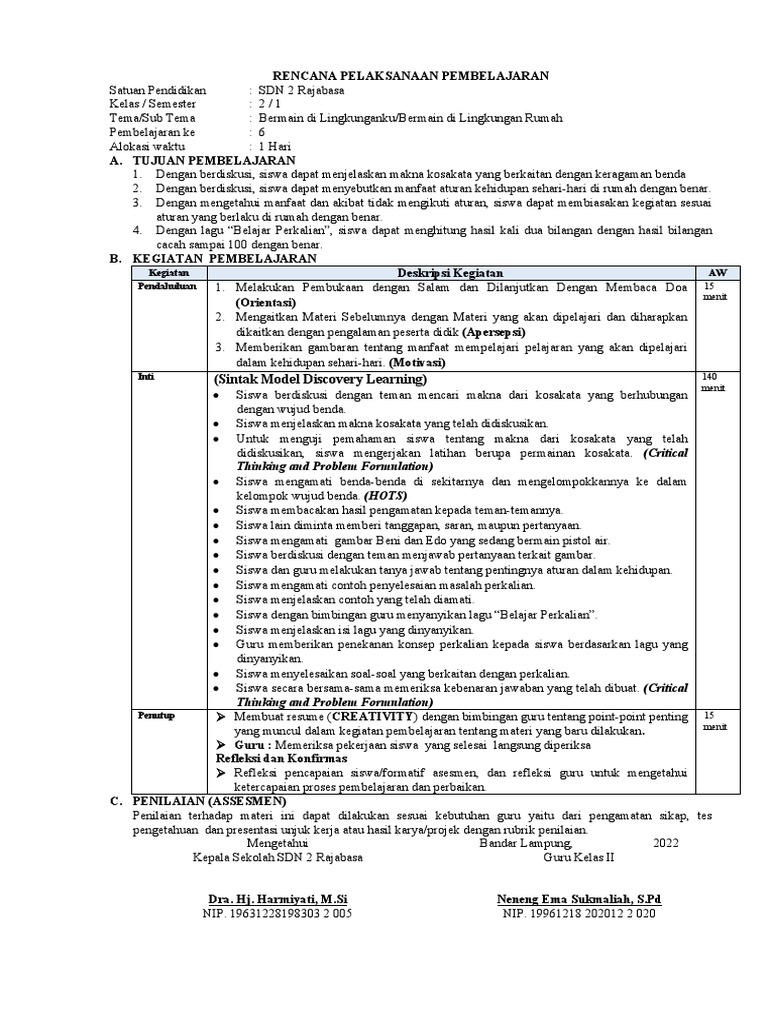 Rencana Pelaksanaan Pembelajaran: (Sintak Model Discovery Learning) | PDF