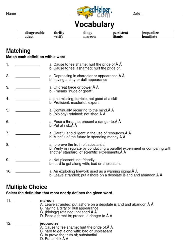 Vocabulary Matching and Definitions Guide | PDF | Psychology ...