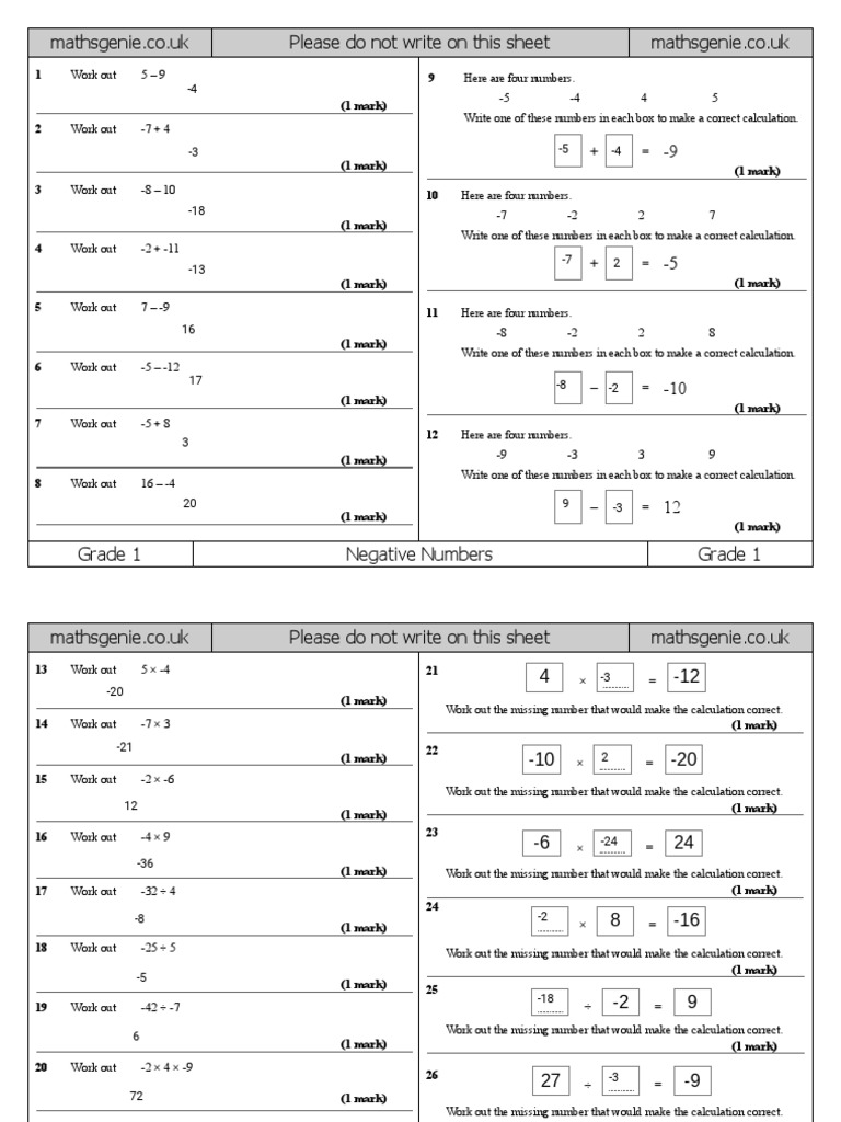 Maths worksheet on negative numbers with sequences and temperature ...