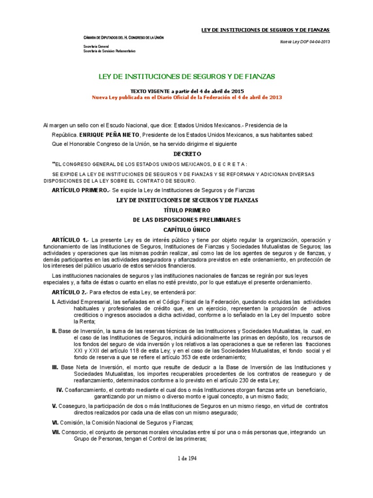 Ley de Instituciones de Seguros y Fianzas | PDF | Seguro | Póliza de seguros