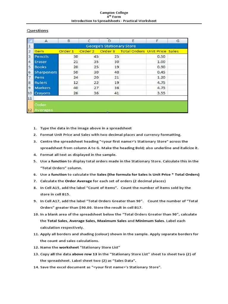 Georges Stationary Store - Spreadsheet Practical Assignment | PDF