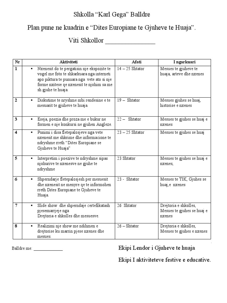 Plan Pune Dita Europiane e Gjuheve | PDF