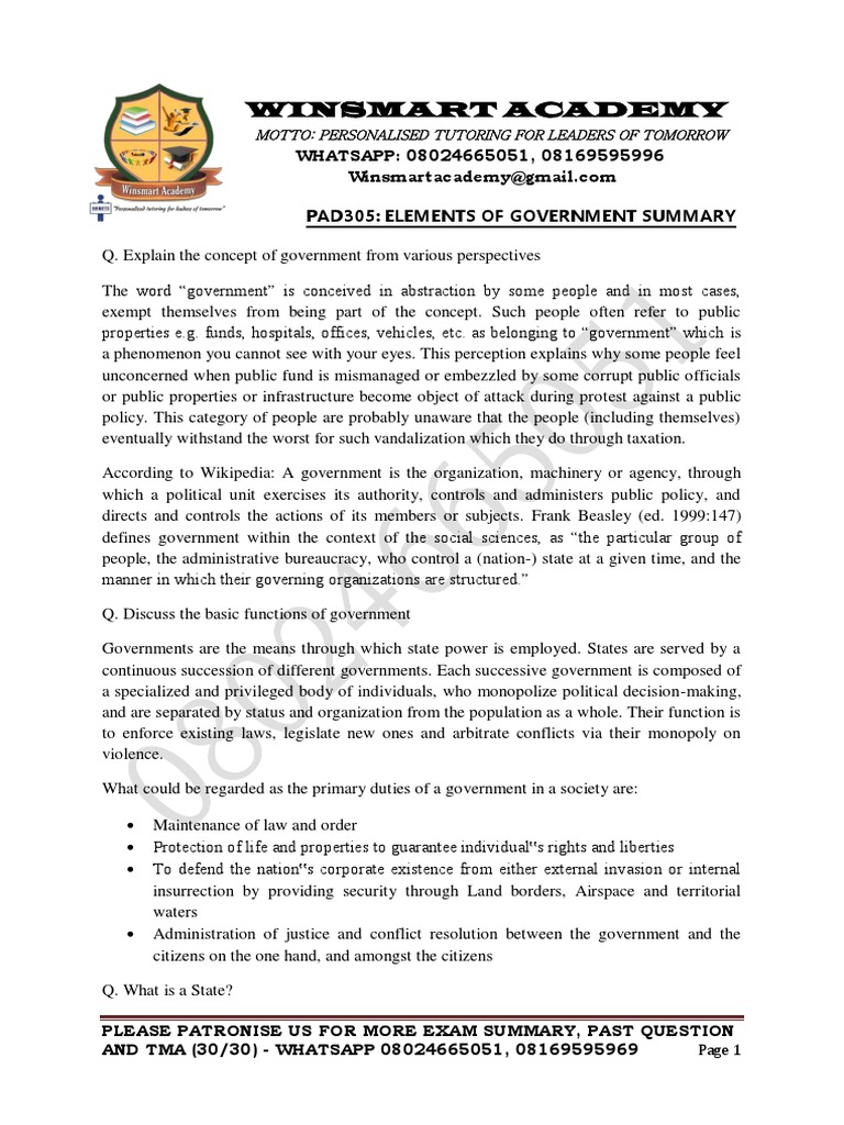 Pad305 Elements of Government Summary 08024665051 | PDF | Theocracy ...