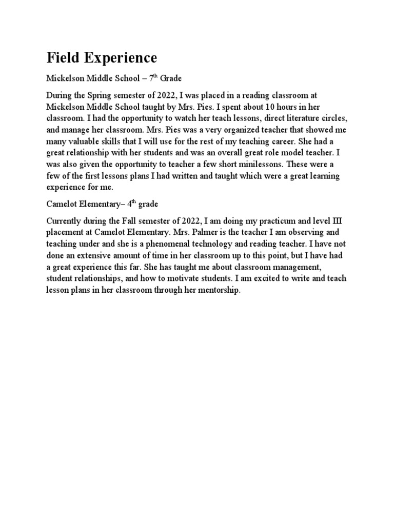 Field Experience Reflection | PDF | Career & Growth | Language Arts ...
