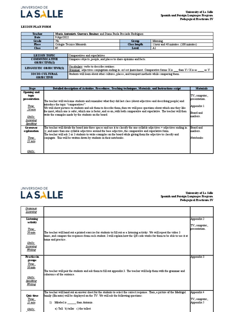 La Salle Spanish Class Comparative and Superlative Lesson | PDF ...