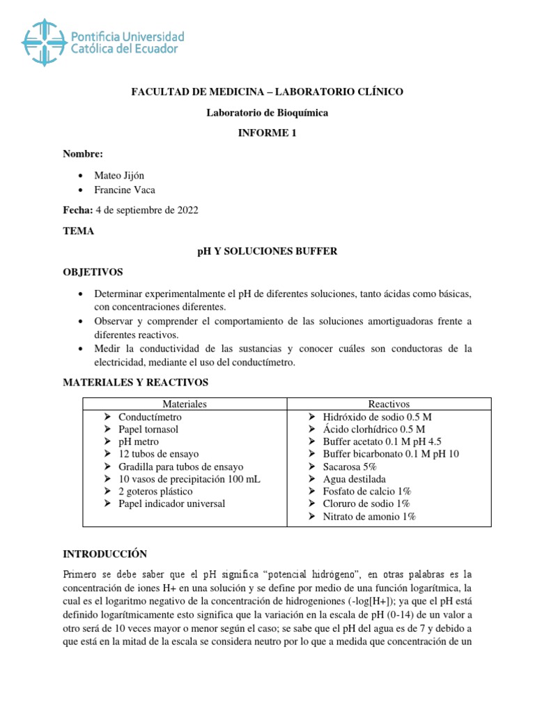 Informe B1 - PH y Soluciones Buffer | PDF | Solución tampón | Ph