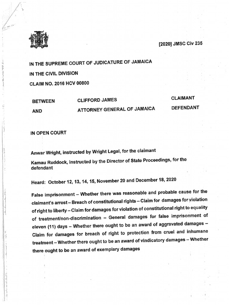 Clifford James V Attorney General of Jamaica (2020) JMSC CIv 235 | PDF