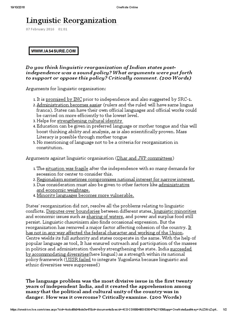 Linguistic Reorganization of Indian States | PDF | Linguistics | Human ...