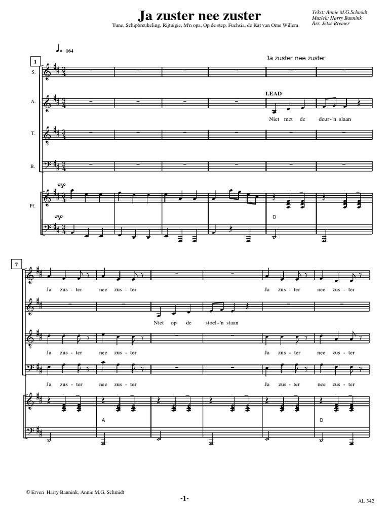 Ja Zuster Nee Zuster Medley SATB Piano | PDF